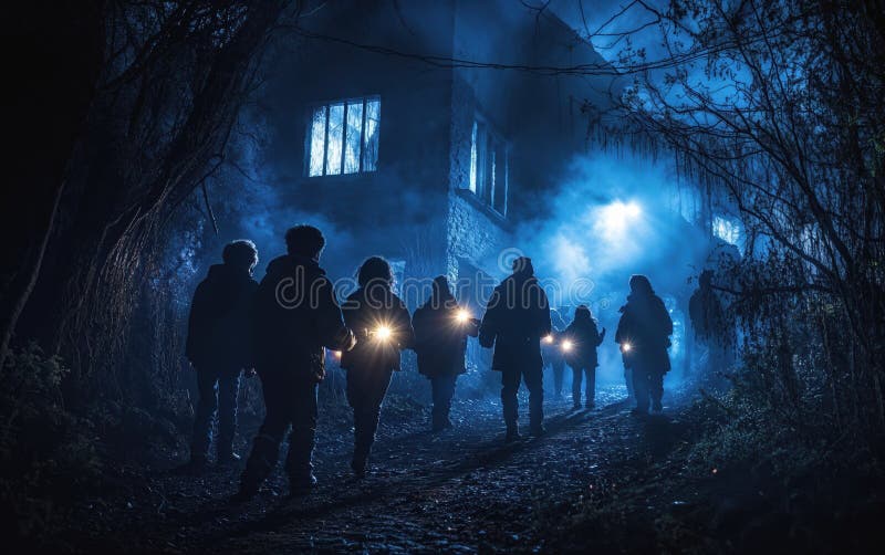 Group Walking with Flashlights Exploring Abandoned Building at Night ...