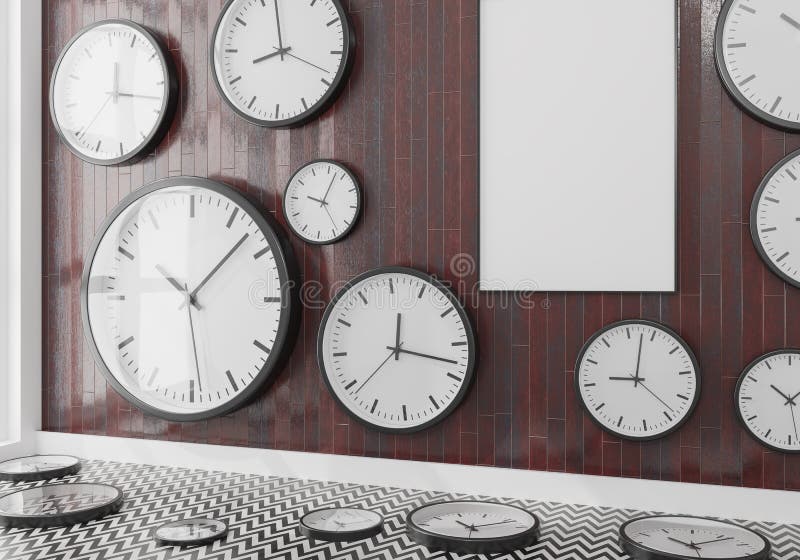 Group of Wall Clocks in a Wooden Wall .3d Rendering Stock Illustration ...
