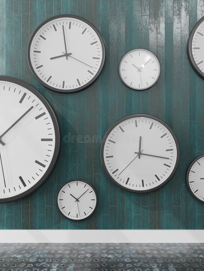 Group of Wall Clocks in a Wooden Wall .3d Rendering Stock Illustration ...