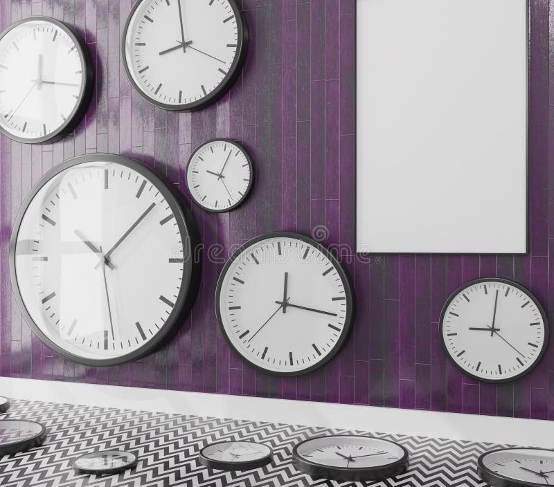 Group of Wall Clocks in a Wooden Wall .3d Rendering Stock Illustration ...