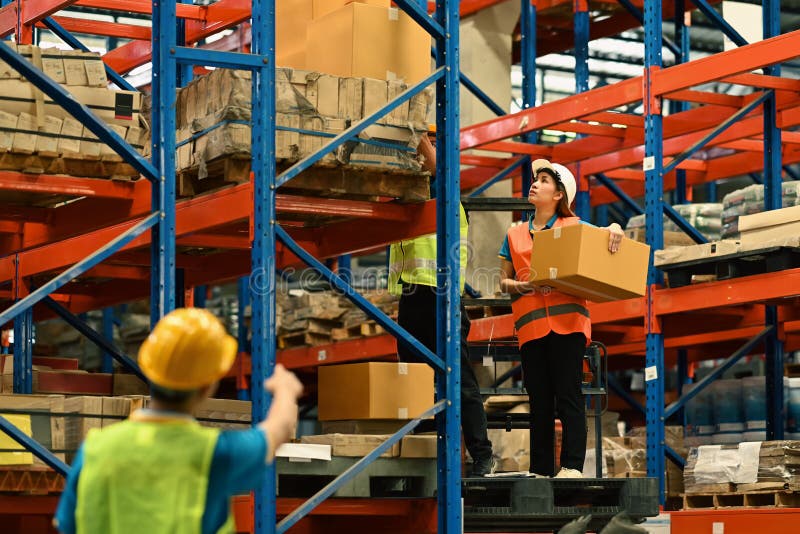 Group of Warehouse Workers Working in a Large Warehouse between Rows of ...