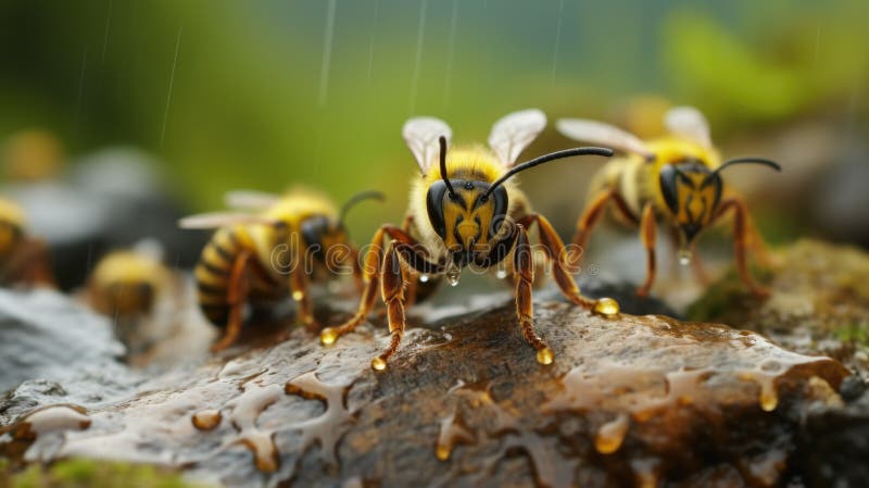A Group of Wasps on a Rock in the Rain, AI Stock Photo - Image of plant ...