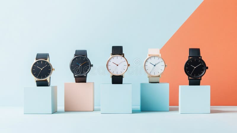 A Group of Watches Sitting on Top of a White Pedestal Stock ...