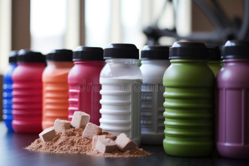 Group of Water Bottles Huddled Around a Protein Shake Stock ...