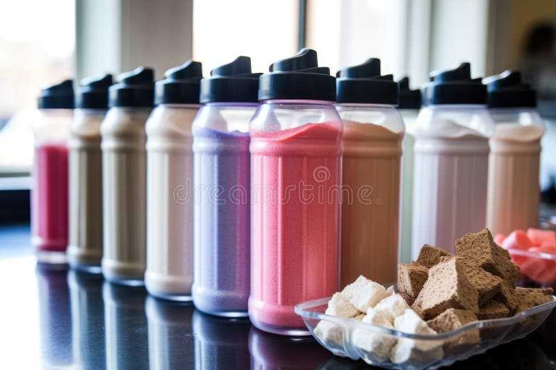 Group of Water Bottles Huddled Around a Protein Shake Stock Photo ...
