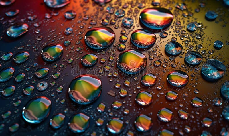 A Group of Water Drops on a Surface with a Red and Yellow Background ...