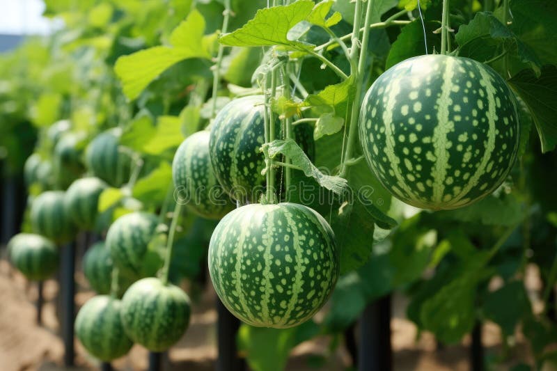 A Group of Watermelons Growing on a Vine Stock Illustration ...