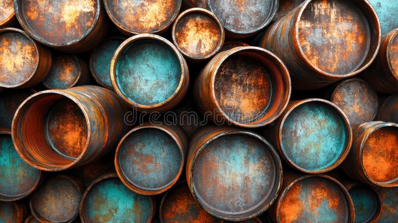 A Group of Weathered, Rusty Metal Barrels Stacked Horizontally, Showing ...