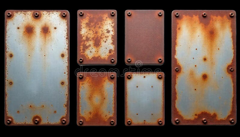 Collection of Rusted Metal Plates with Rivets on a Black Background ...