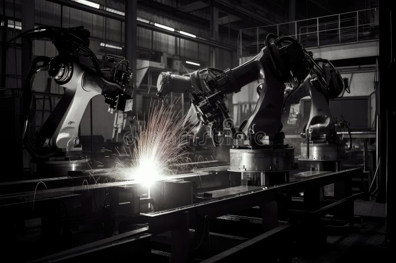 A Group of Welding Robots Working in Unison To Create a Complex Welded ...