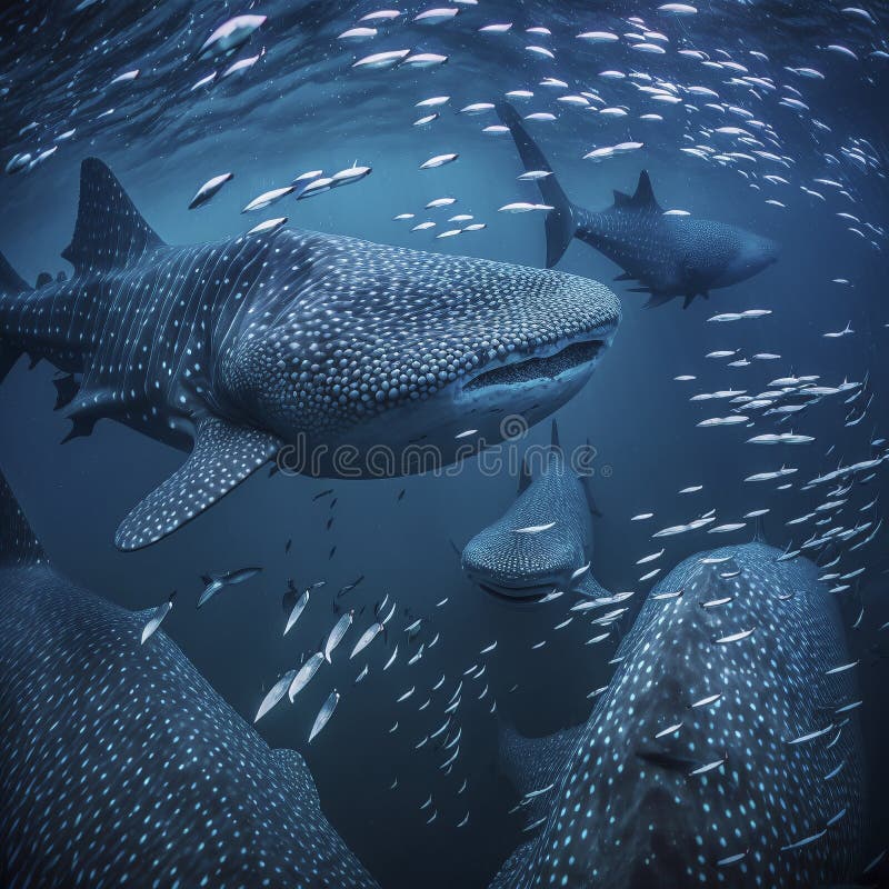 A Group of Whale Sharks Swimming through the Deep Stock Illustration ...