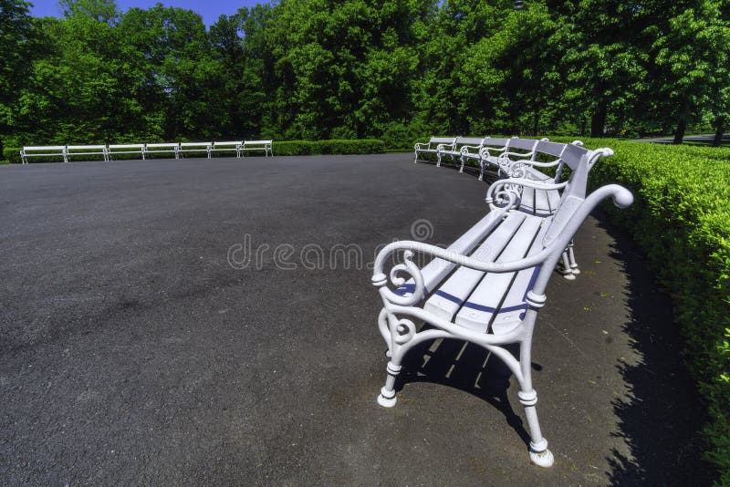 Group of white benches stock image. Image of shade, nature - 150336495