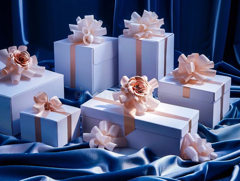A Group of White Boxes with Pink Bows on a Blue Cloth Stock Image ...