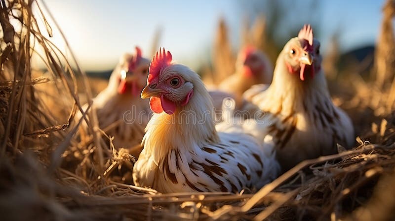 A Group of White Chickens with Red Combs are Sitting in a Nest of Hay ...