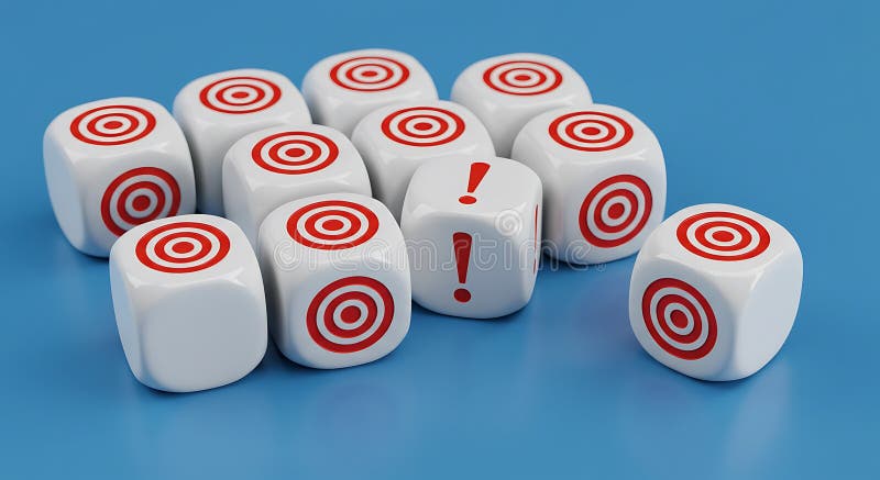 A Group of White Dice on a Blue Surface Features Red Target Symbols on ...