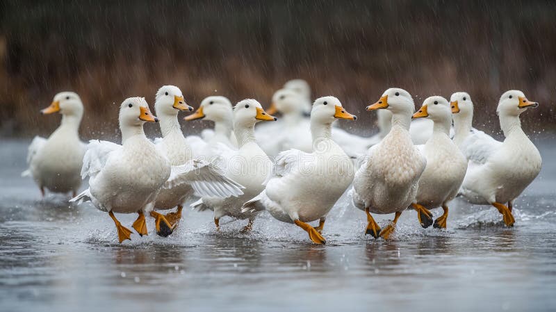 A Group of White Ducks Running in the Rain Stock Photo - Image of ...