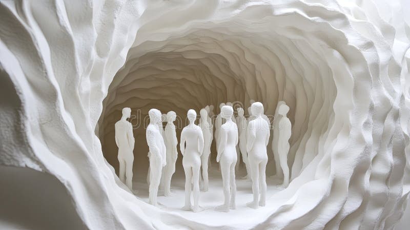A Group of White Figures Stand in a White Cave-like Space Stock ...