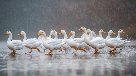 A Group of White Geese Running in the Rain on a Lake Stock Image ...