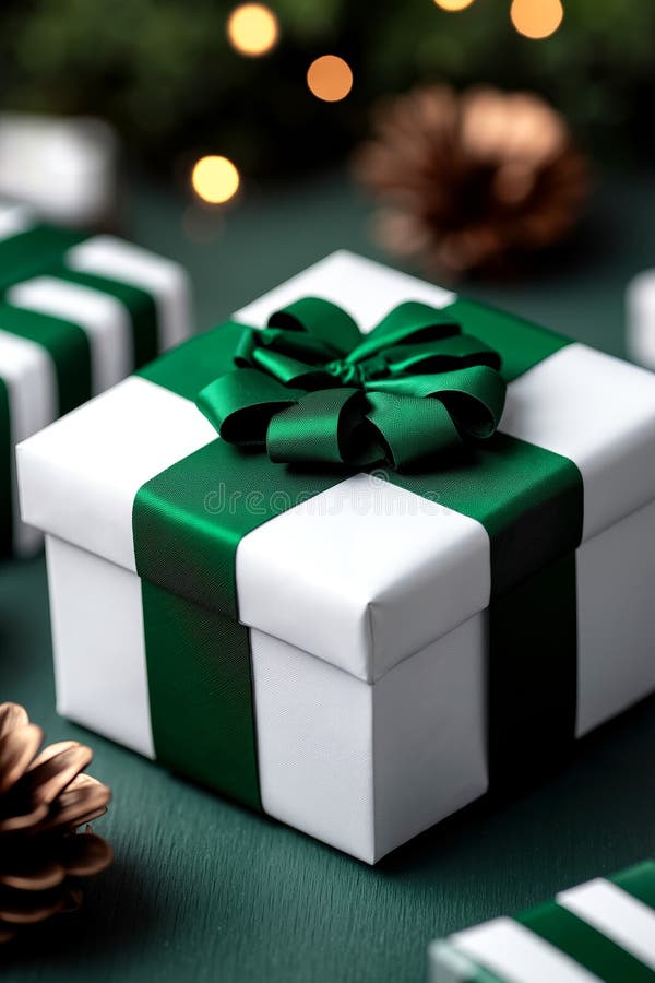 A Group of White and Green Gift Boxes with a Green Bow Stock Photo ...