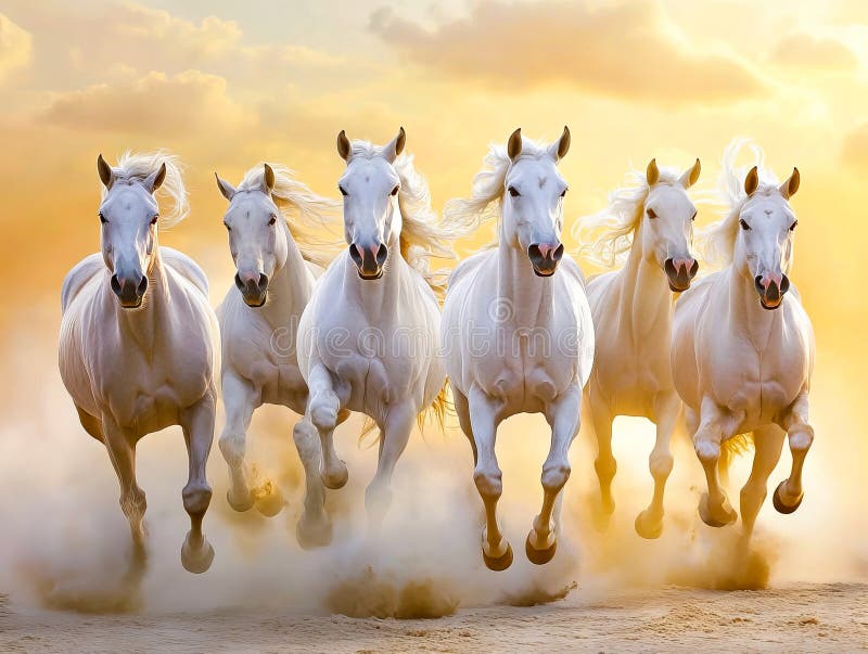 A Group of White Horses Running in the Desert Stock Image - Image of ...