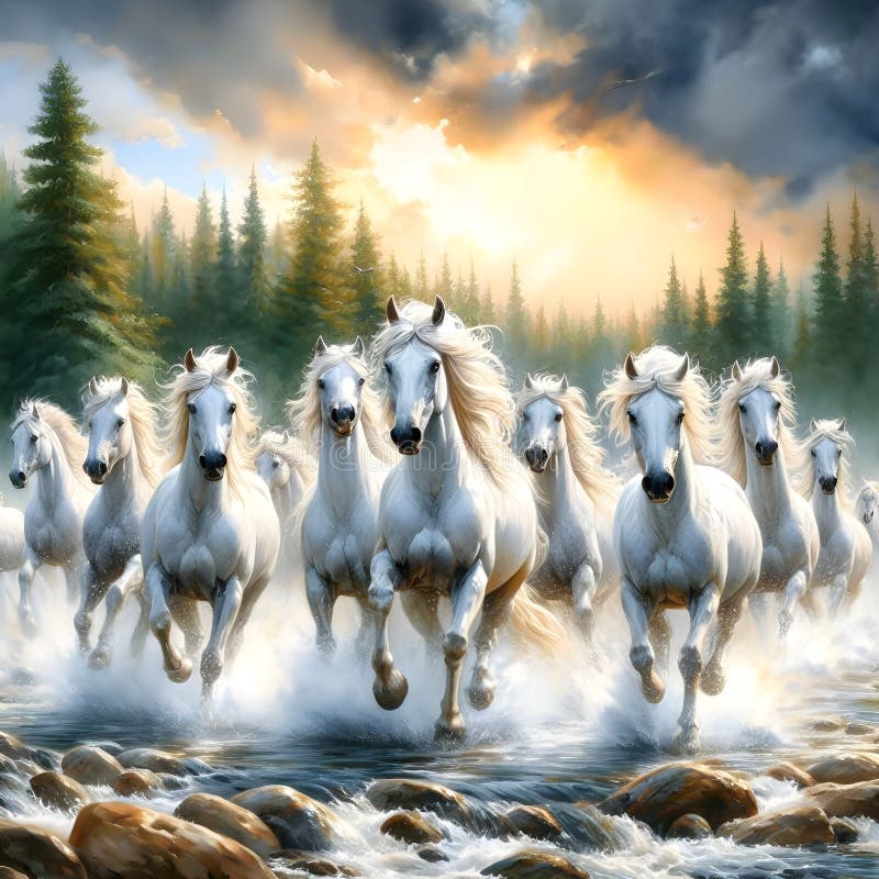 A Group of White Horses Running through a River Surrounded by Trees and ...