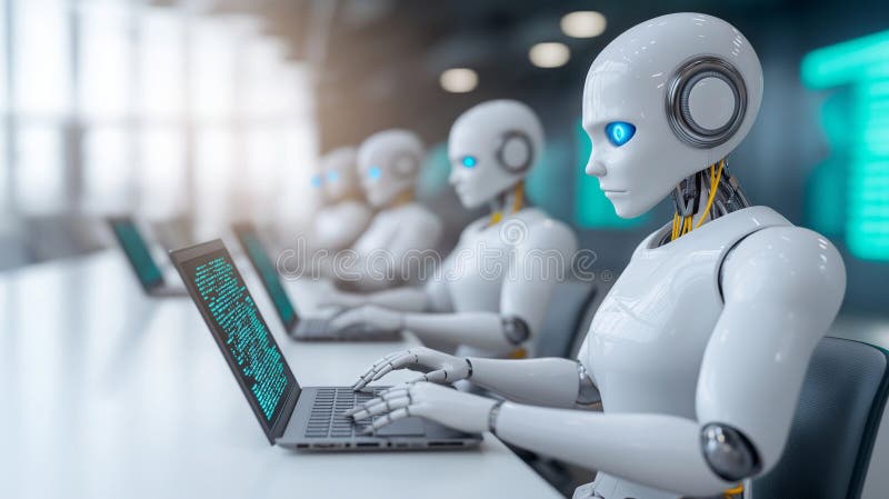 Group of White Humanoid Robots with Blue Eyes Work on Laptops in Modern ...