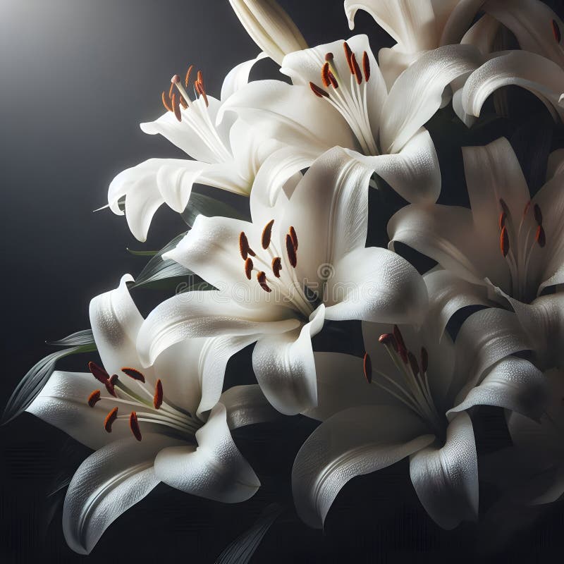 A Group of White Lilies with a Soft Focus Effect on a Dark Background ...