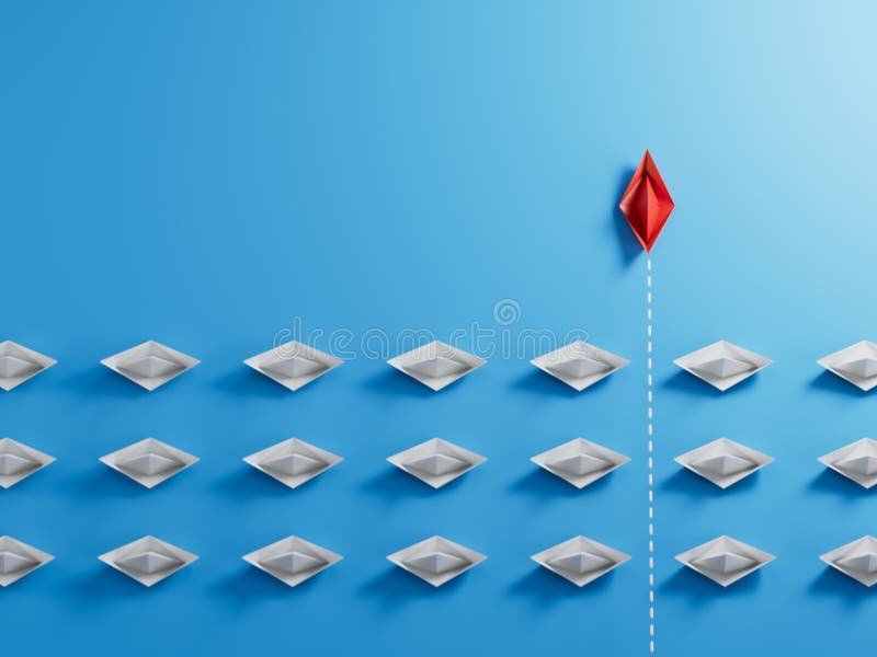 Group of White Paper Boat in One Direction and One Red Paper Boat ...