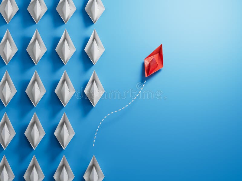 Group of White Paper Boat in One Direction and One Red Paper Boat ...