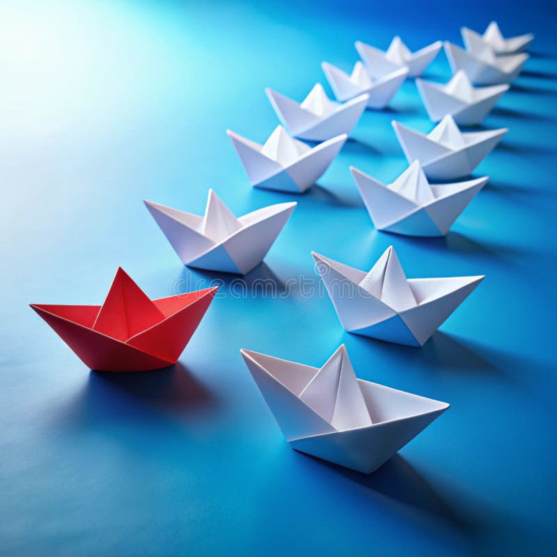 Group of White Paper Ships with One Red Ship Pointing in Different ...