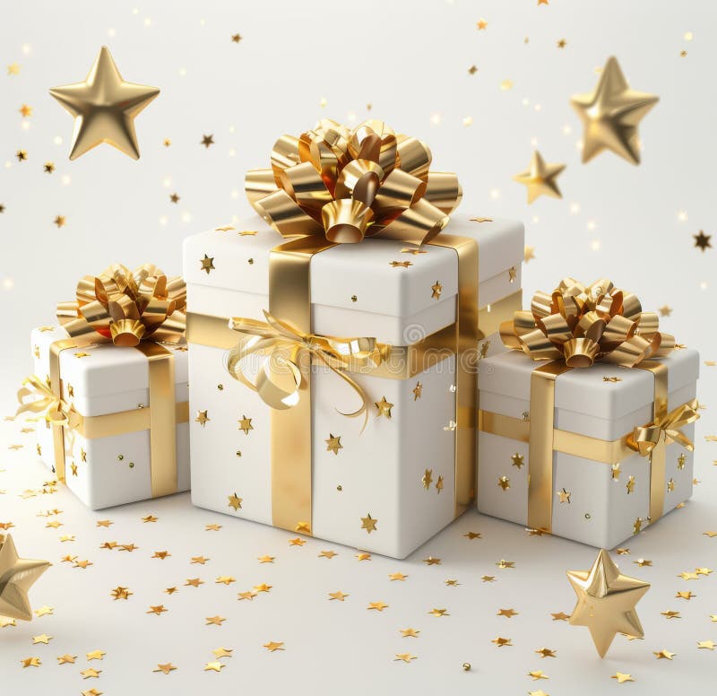 Group of White Presents with Gold Bows and Stars Stock Image - Image of ...