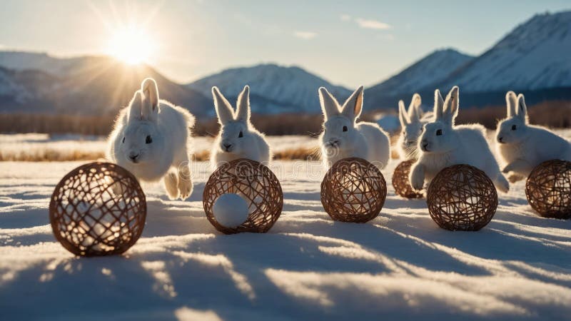 Adorable White Rabbits Playing in Snowy Landscape at Sunset Stock ...