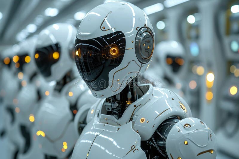 Group of White Robot Suits Standing Together. Stock Image - Image of ...