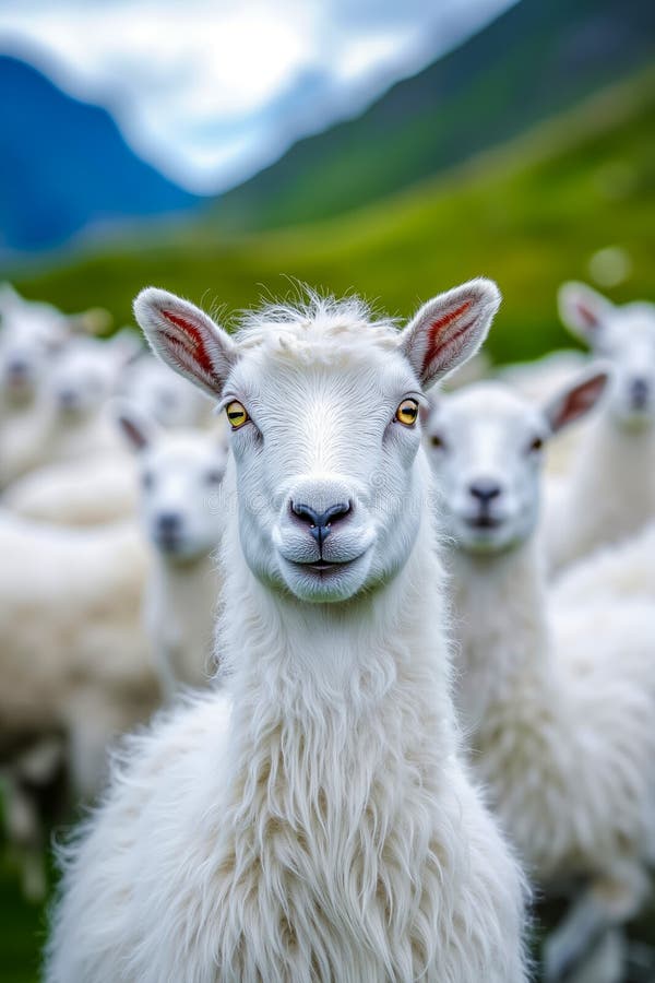 A Group of White Sheep Standing Next To Each Other in a Field Stock ...