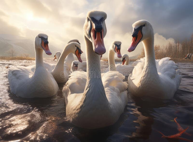 A group of white swans stock image. Image of beak, autumn - 291042919