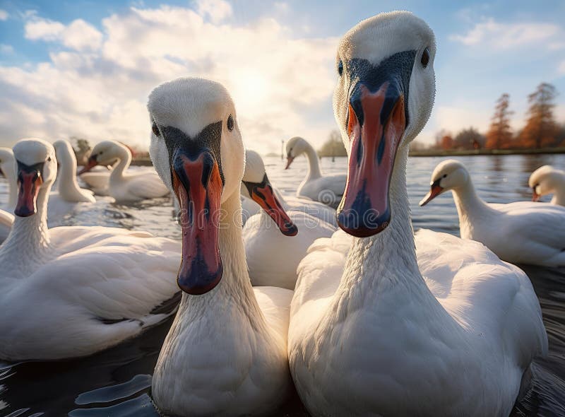 A group of white swans stock image. Image of wing, blue - 291043049