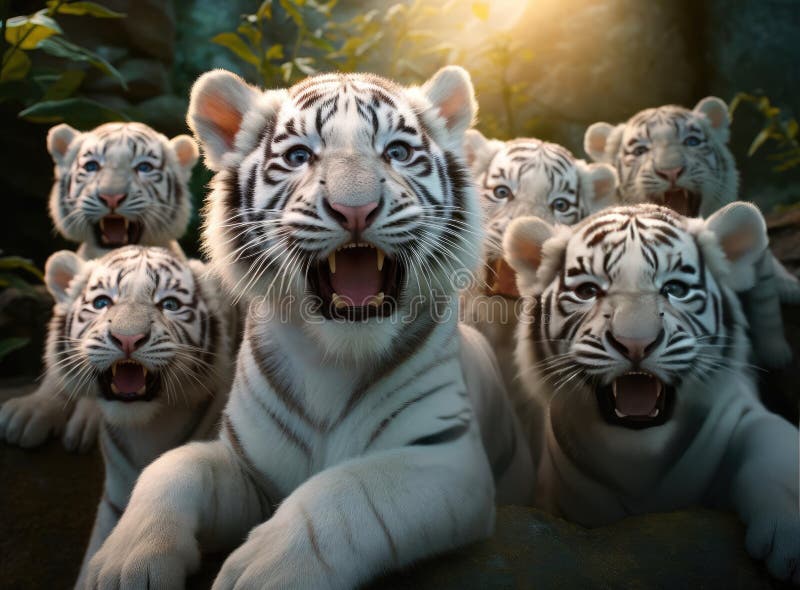 A Group of White Tiger Kittens Stock Illustration - Illustration of ...