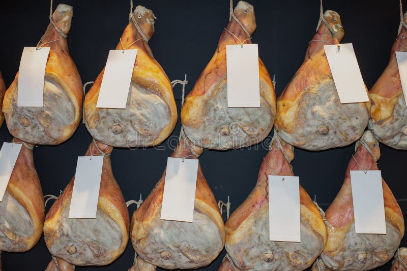 Group of Whole Raw Hams Hung on a Wall Stock Image - Image of acorn ...