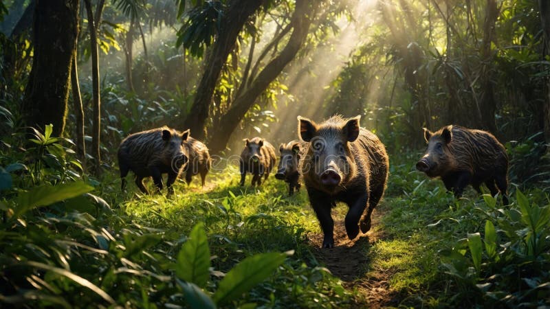 A Group of Wild Boars Moving through a Lush Forest Illuminated by ...