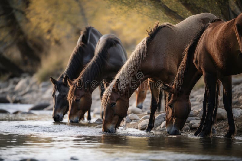 Group of Wild Horses Drinking from a River. Generative AI Stock ...