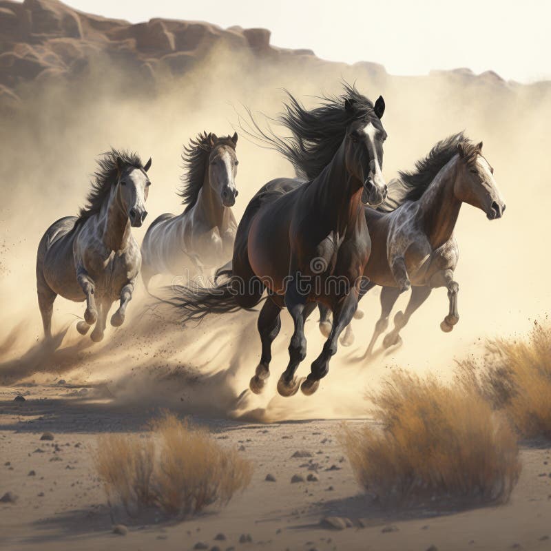 A Group of Wild Horses Galloping Across a Desert Stock Illustration ...