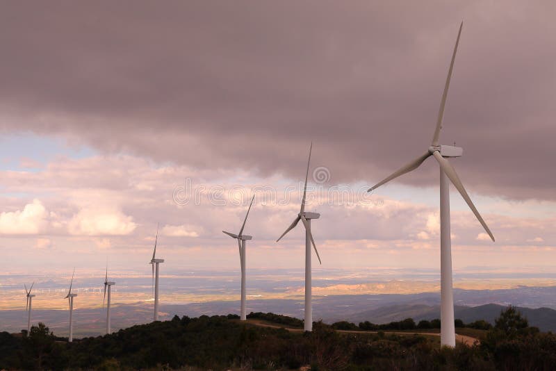 WIND FARM of WIND GENERATORS at the TOP of a MOUNTAIN Stock Photo ...