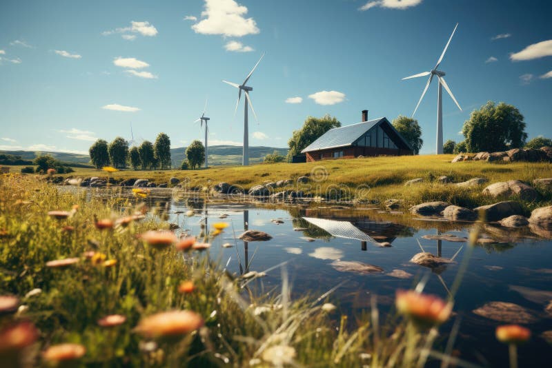 Group of Wind Turbines for Power Generation in the Field Stock ...