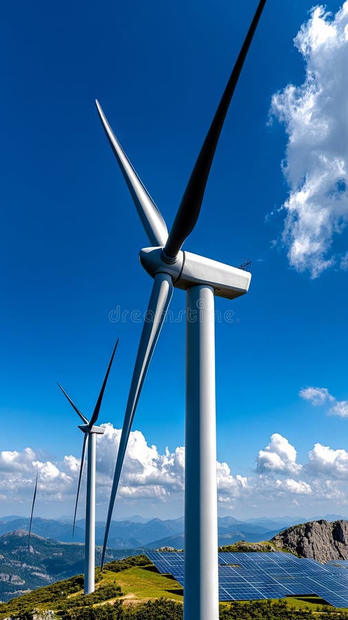 A Group of Wind Turbines on Top of a Hill with Solar Panels Stock Image ...