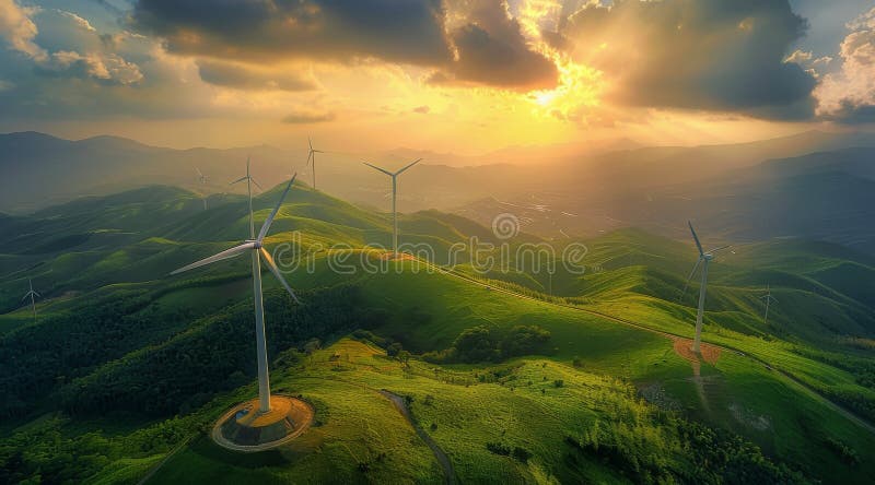 Group of Windmills on a Hill Stock Photo - Image of renewable, friendly ...