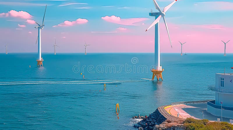 Group of Windmills are in the Ocean, with the Water Reflecting the Sky ...