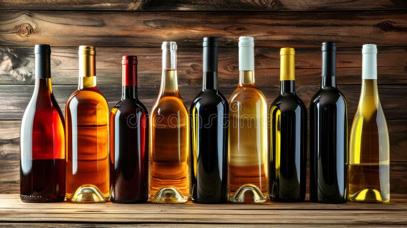 Group of Wine Bottles on Wooden Table Stock Illustration - Illustration ...