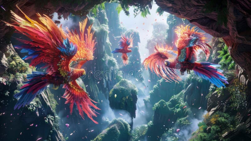 A Group of Winged Creatures with Vibrant Feathers and Sparkling Wings ...