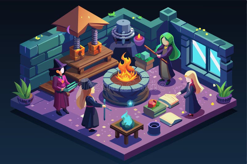 A Group of Witches Gather Around a Glowing Fire, Using Potions and ...