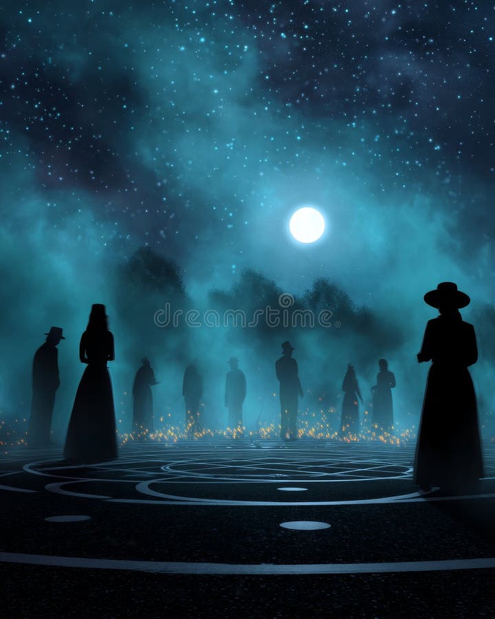 Witches and Wizards Performing Ritual Under Full Moon Stock ...